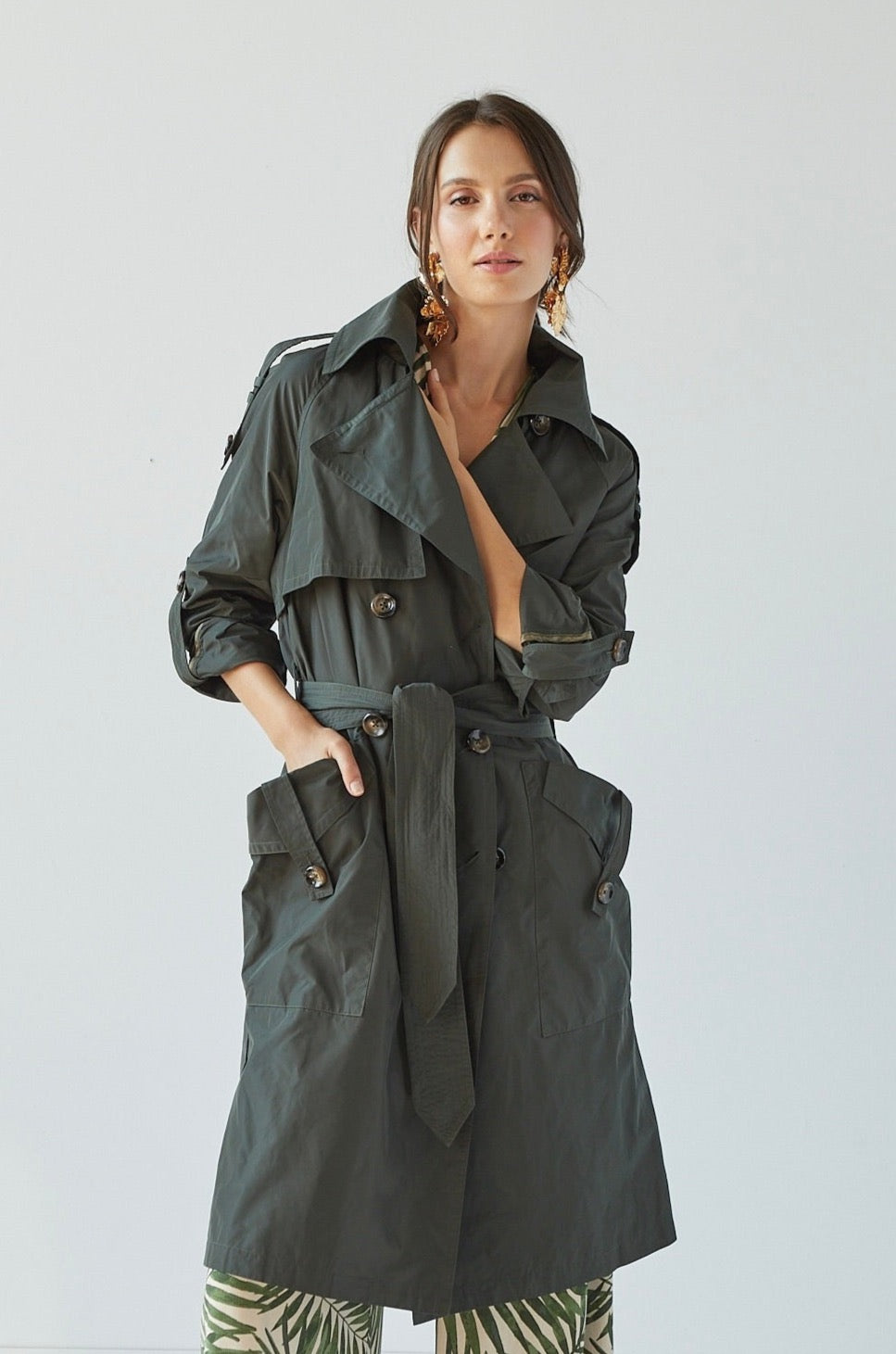 Raphael trench coat w/ rolled-up sleeve detail, patch pocket w/ cuff