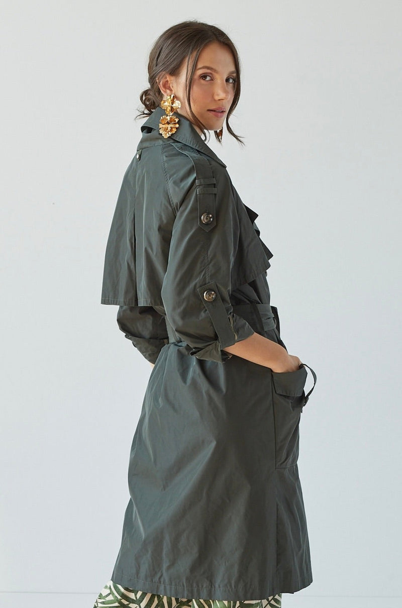 Raphael trench coat w/ rolled-up sleeve detail, patch pocket w/ cuff
