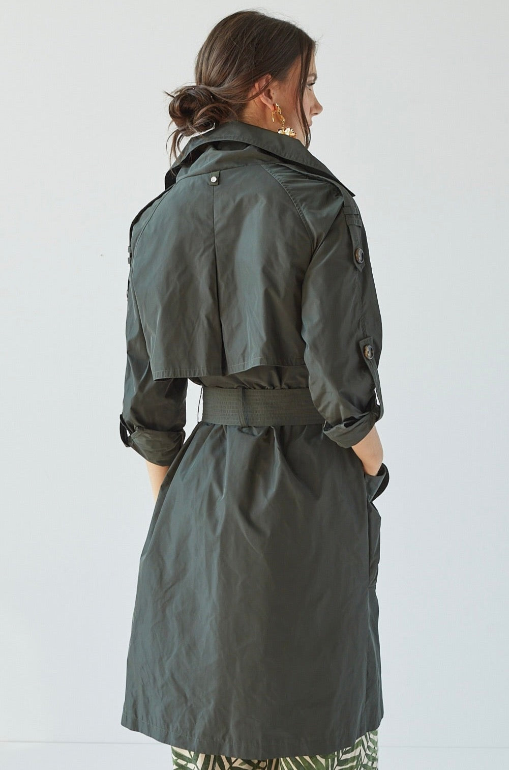 Raphael trench coat w/ rolled-up sleeve detail, patch pocket w/ cuff